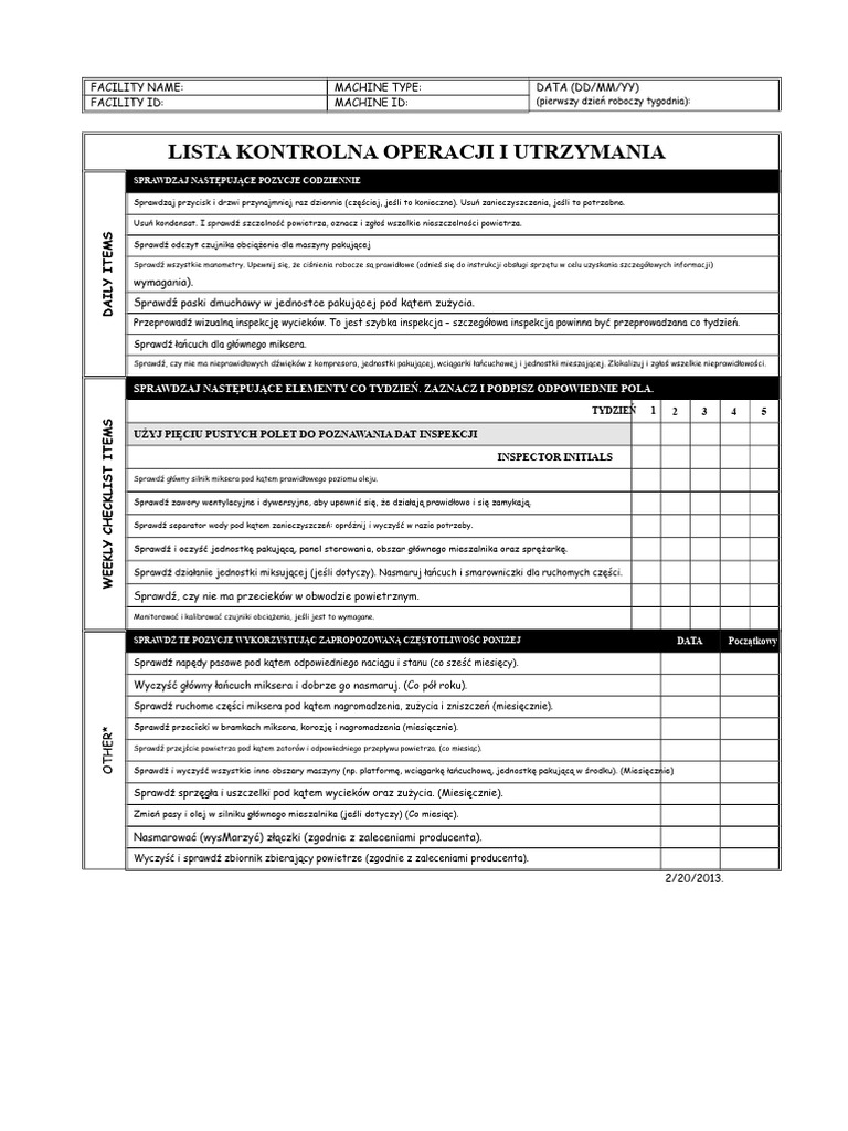 Lista Kontrolna Operacji I Konserwacji | PDF