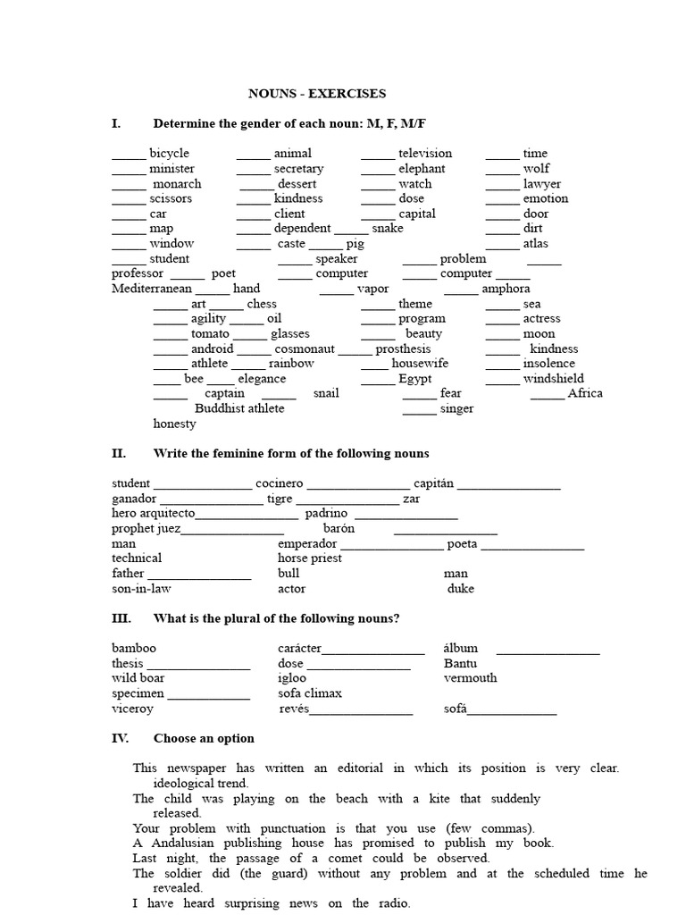 Noun Exercises | PDF | Grammatical Gender | Linguistic Morphology