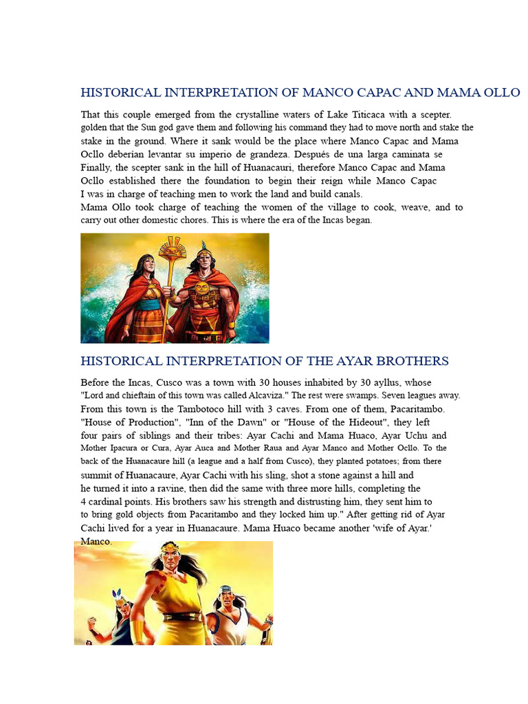 Historical Interpretation of Manco Capac and Mama Ollo | PDF