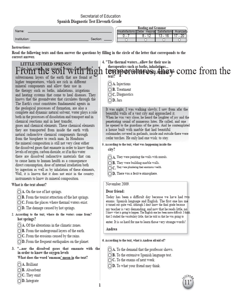 Diagnostic Test Spanish 11 | PDF | Water | Earth