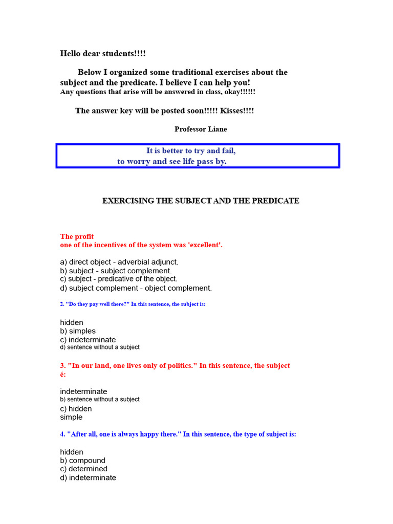 Subject and Predicate Exercises | PDF | Subject (Grammar) | Adjective