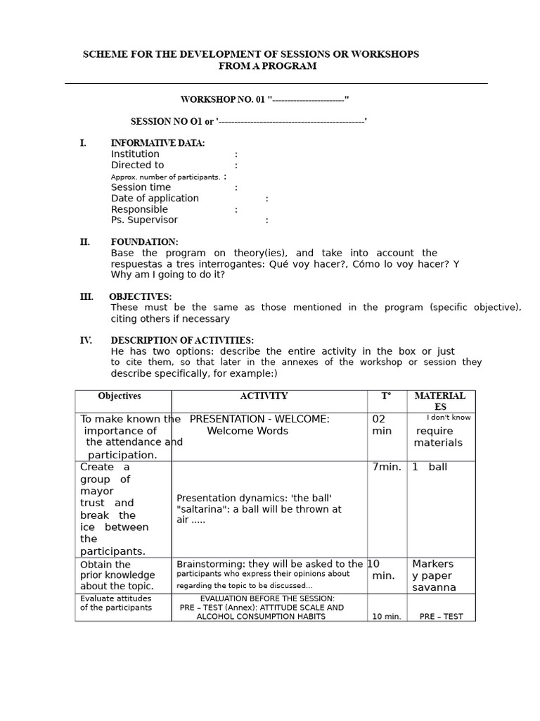 Outline For The Development of Sessions or Workshops of A Program | PDF ...