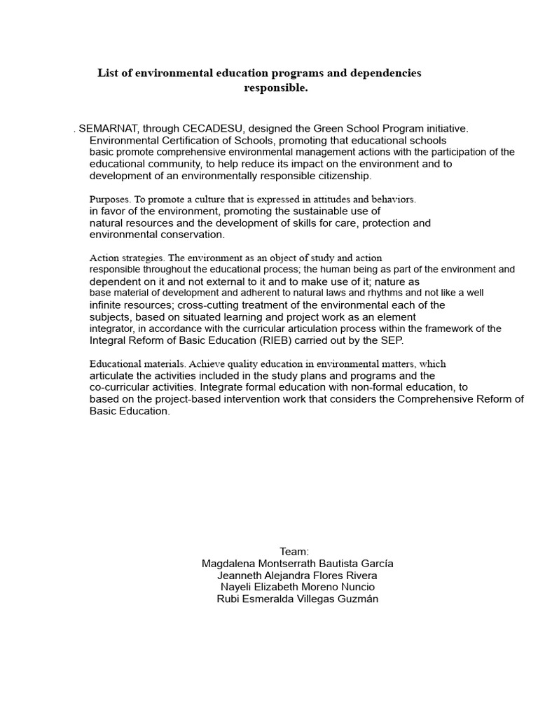 List of Environmental Education Programs and Responsible Consumption | PDF