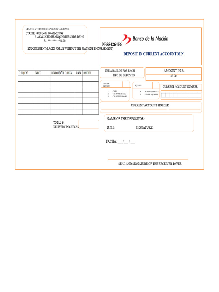Cash Deposit Form for National Currency | PDF