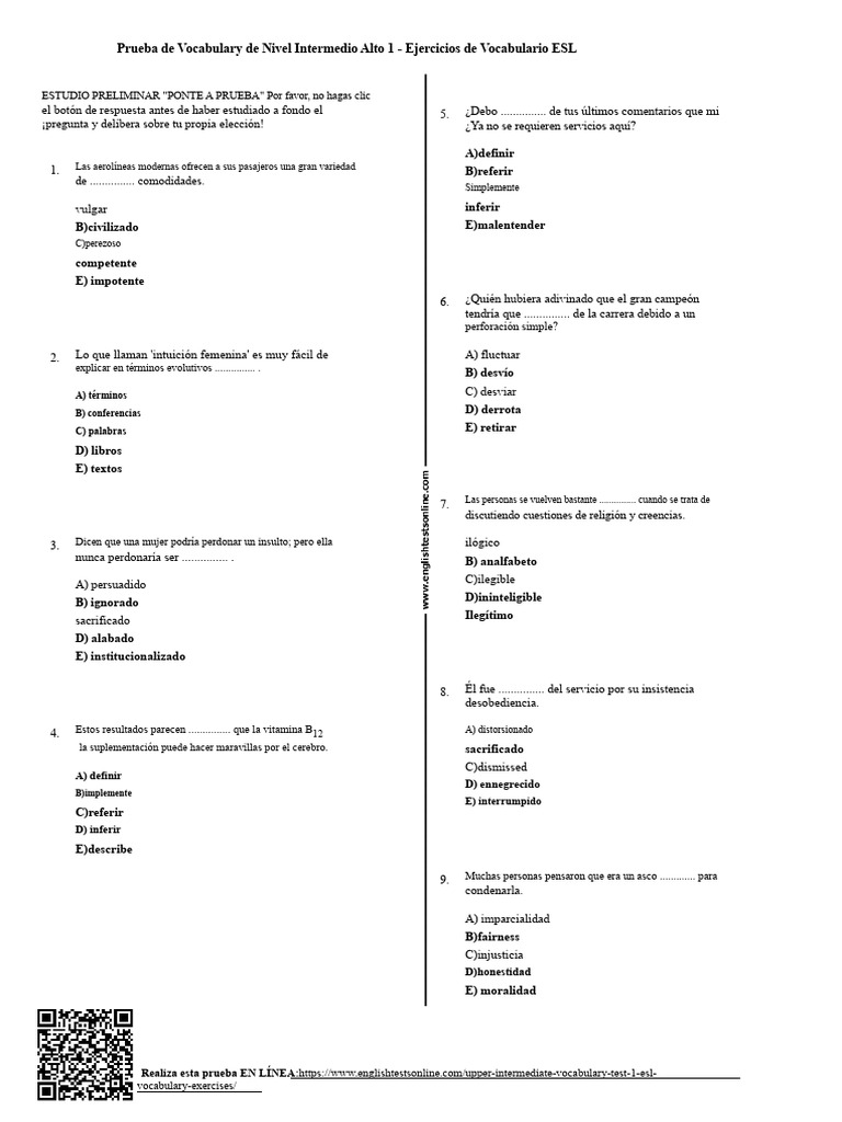 648 - Prueba de Vocabulario Intermedio Superior 1 - Ejercicios de ...