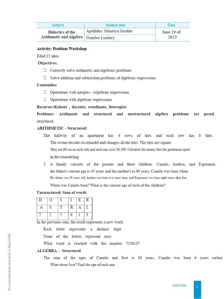 ACTIVITY 3. PROBLEM WORKSHOP | PDF | Arithmetic | Algebra