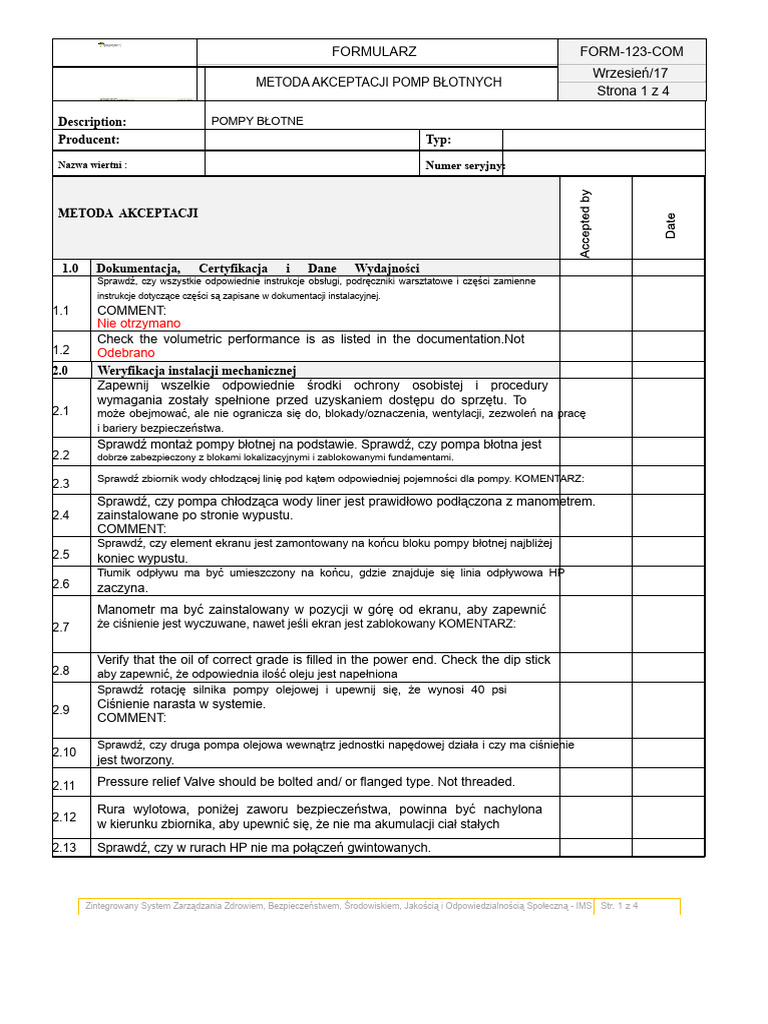 FORM-123-COM - Ocena Pompy Błotnej I Metoda Testów Funkcjonalnych | PDF