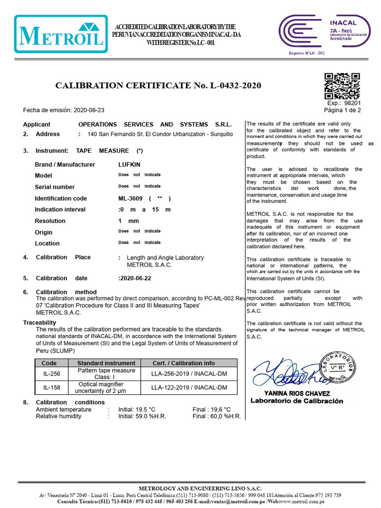 Calibration Certificate L-0432-2020 | PDF | Calibration | Metrology