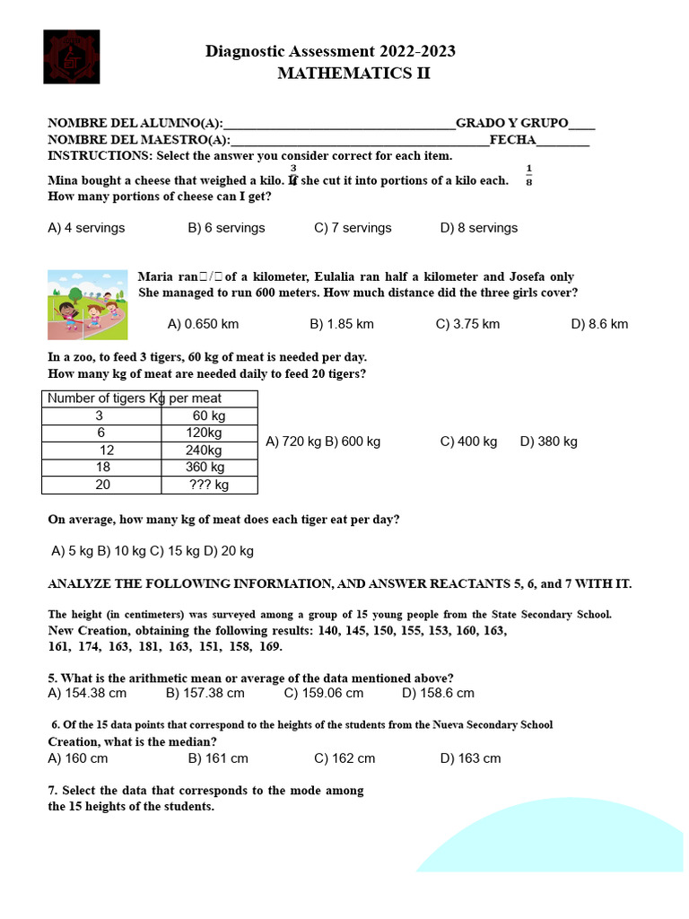 diagnostic math exam 2nd year of secondary school | PDF