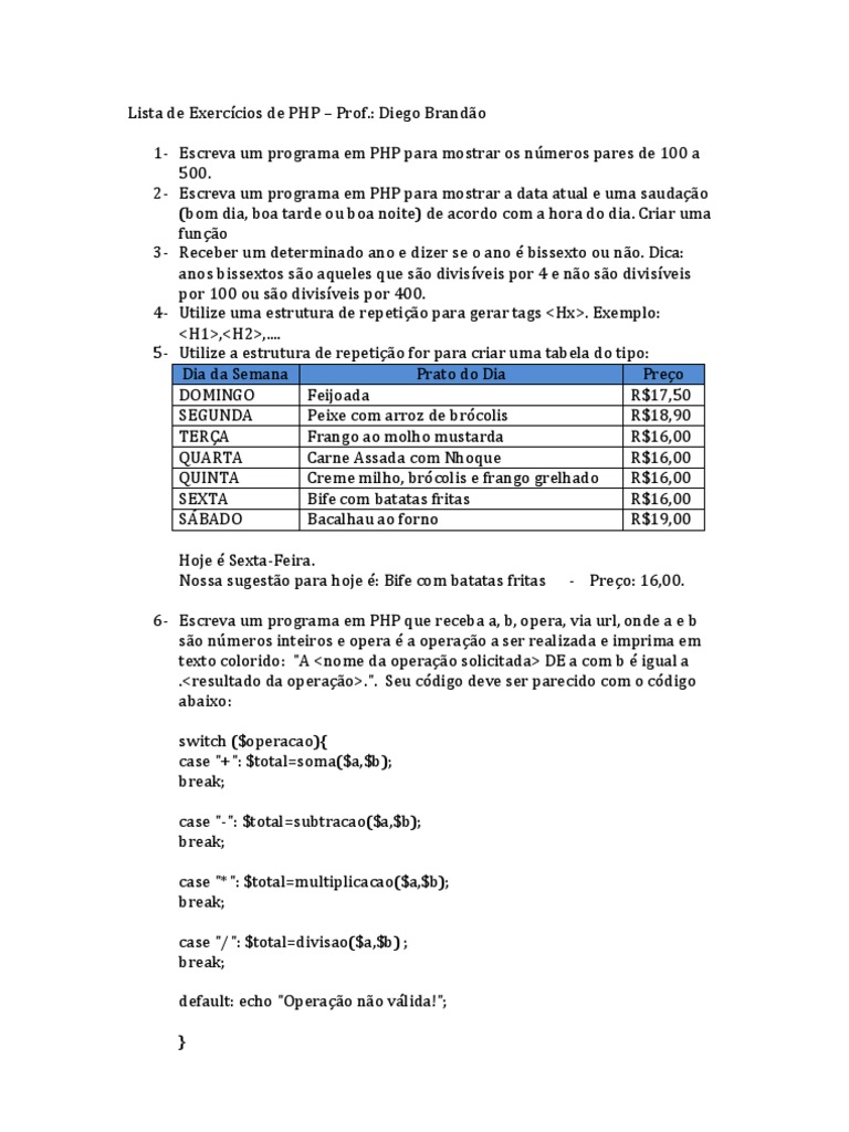 1a Lista De Exercicios De Php Pdf Programas Computação E