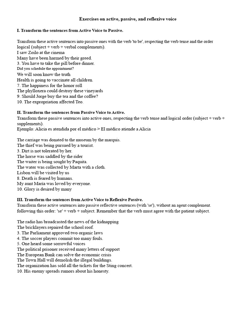 Active, Passive, Reflexive Voice Exercises | PDF