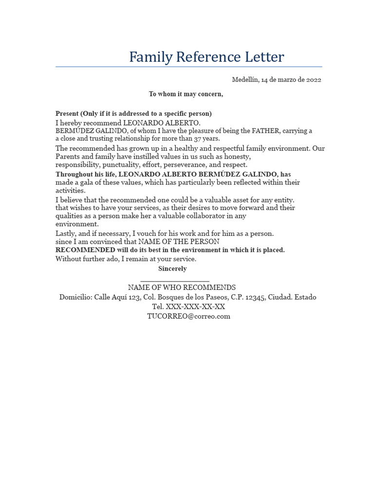 Format of Family Reference Letter To Brother Sister | PDF