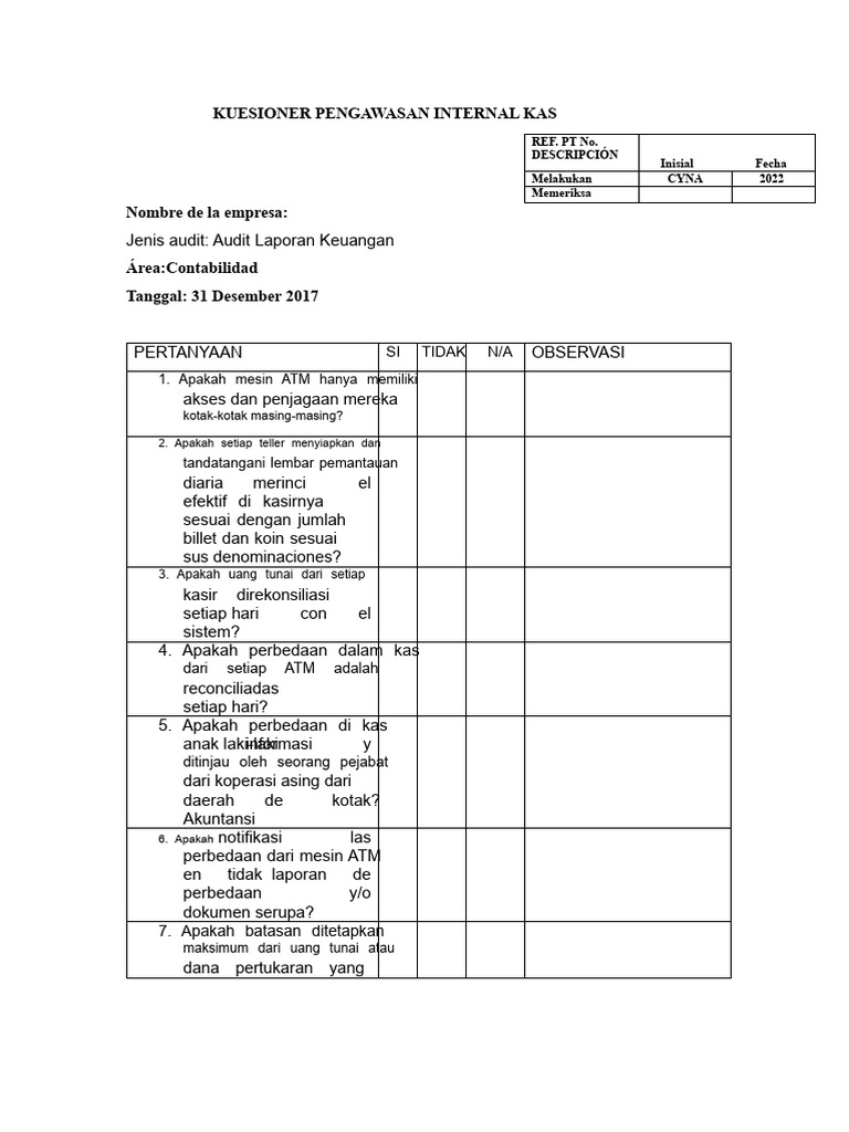 Kuesioner Pengendalian Internal Kas | PDF