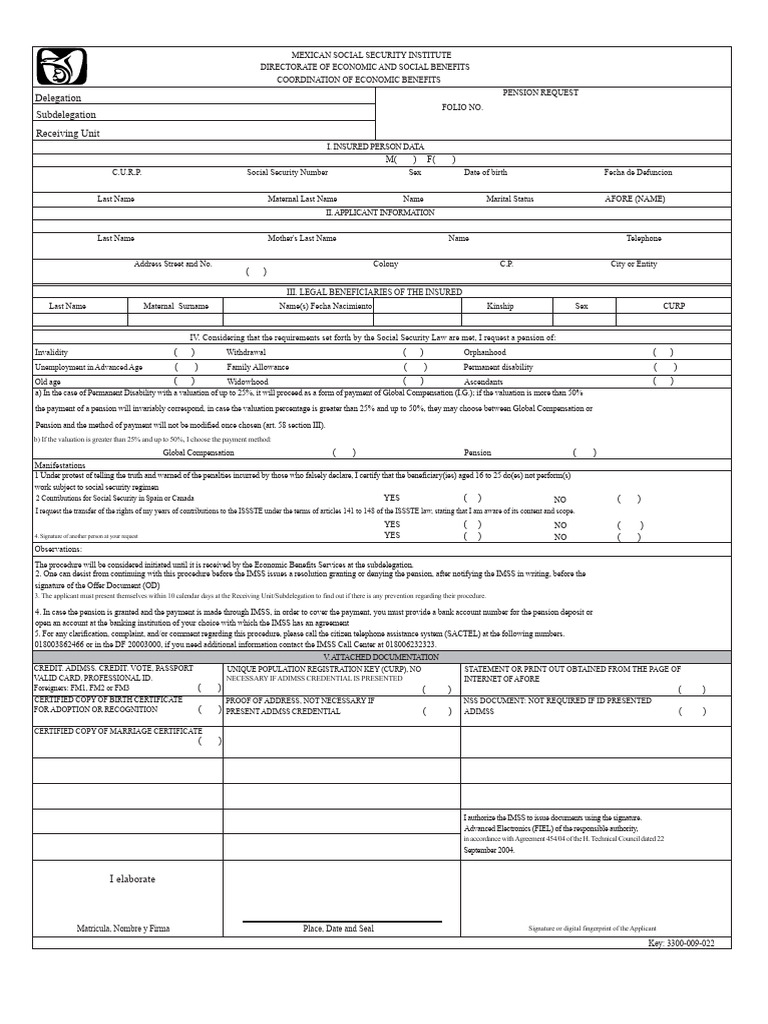 Pension Request Form for IMSS | PDF | Pension | Social Security (United ...