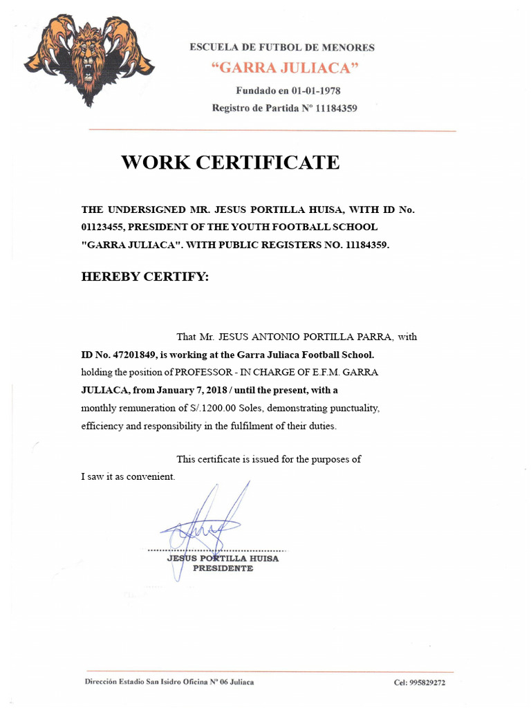 Work Certificate for Football Professor | PDF