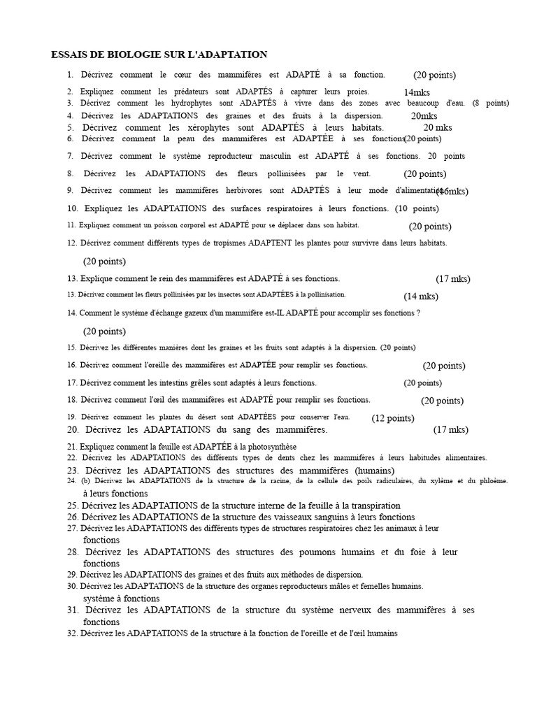 Adaptations biologiques chez les mammifères et plantes | PDF ...