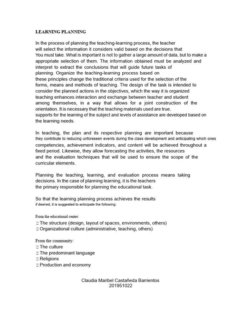 LEARNING PLANNING | PDF | Teachers | Learning