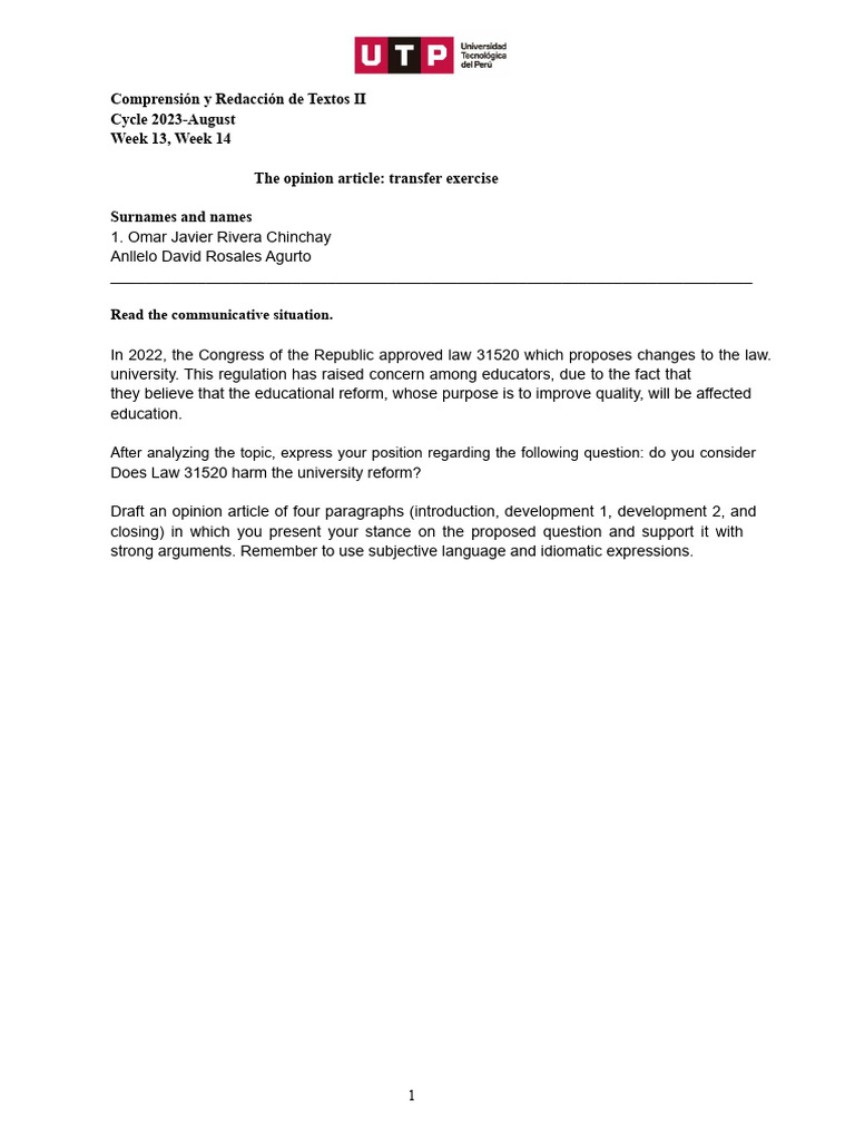 S13 and S14 - The Opinion Article - Transfer Exercise - Format | PDF ...