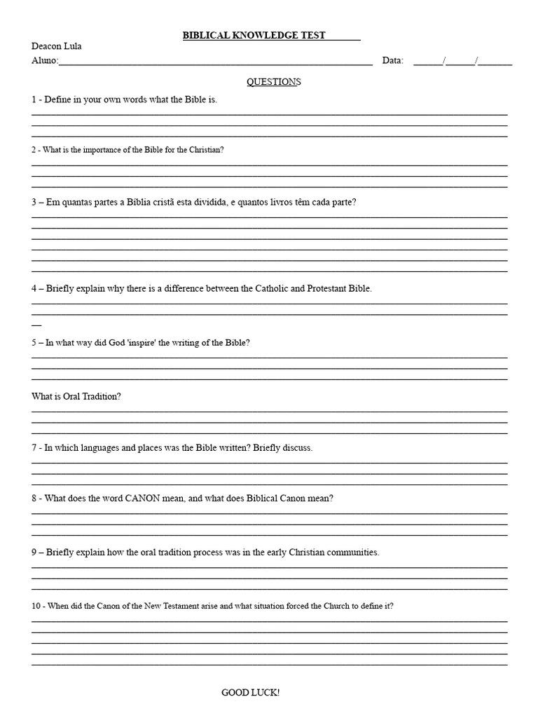 Bible Knowledge Test | PDF | Bible | Biblical Canon