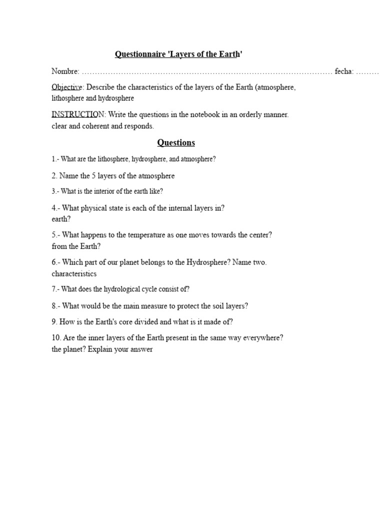 Earth Layers Questionnaire Guide | PDF