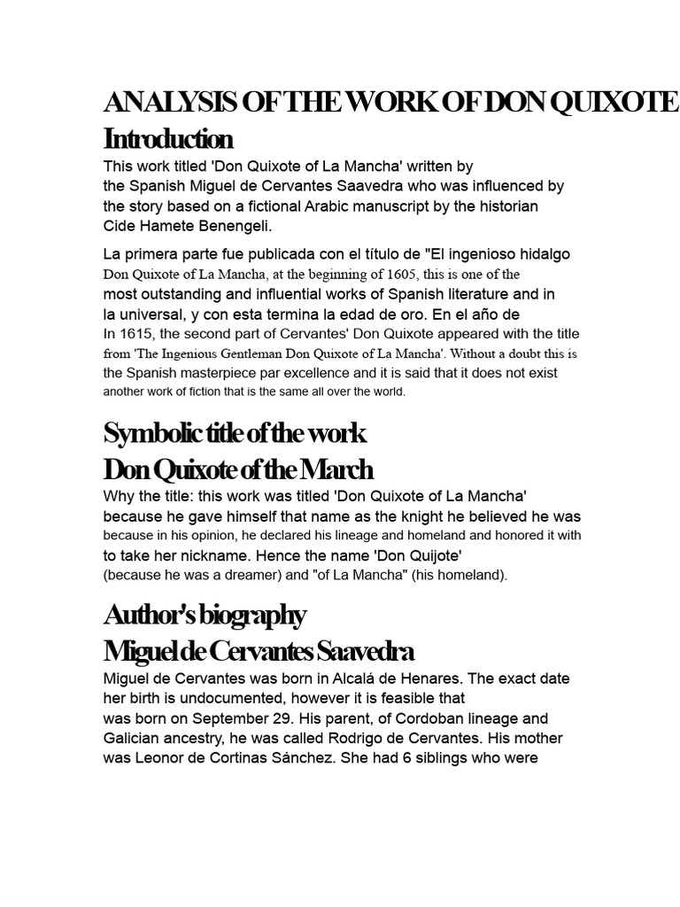 Analysis of The Work of Don Quixote | PDF | Don Quixote | Miguel De ...