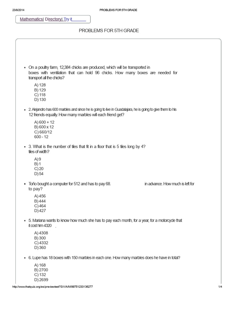 MATHEMATICS PROBLEMS 5TH GRADE.pdf | PDF | Triangle | Mathematics