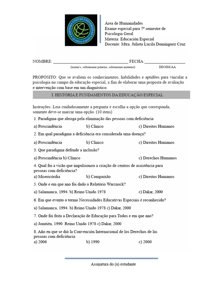 Exame Especial Educação Especial 100 Reativos | PDF | Educação Especial ...
