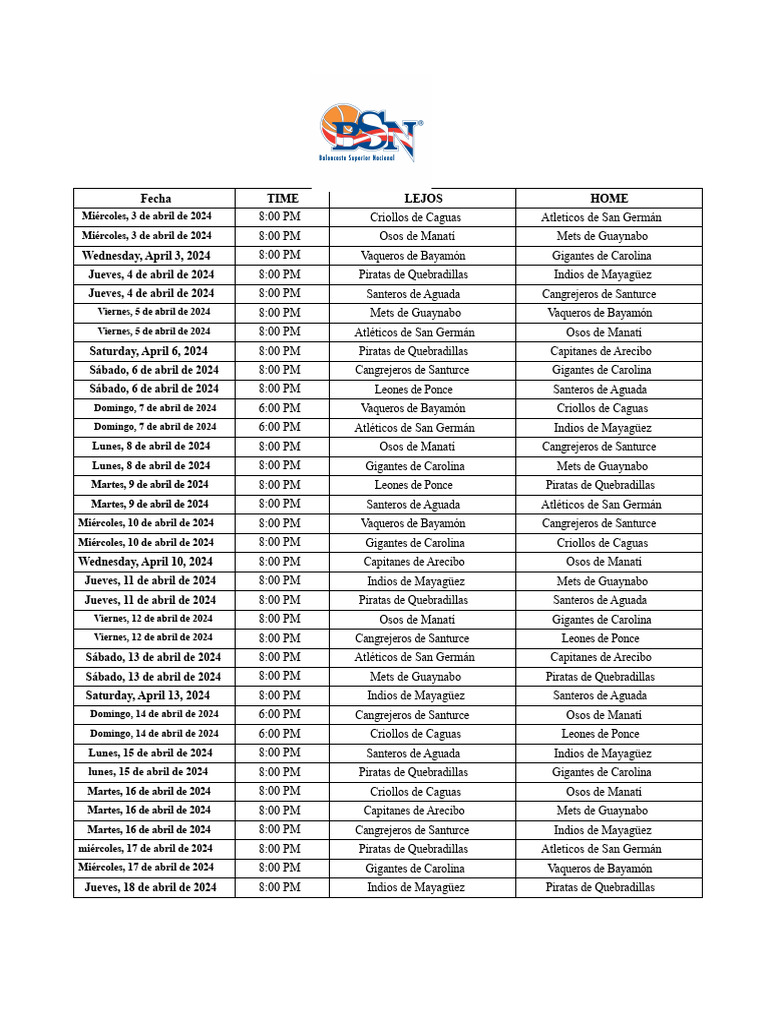Calendario BSN 2024 | PDF | Deportes de equipo | Equipos de baloncesto