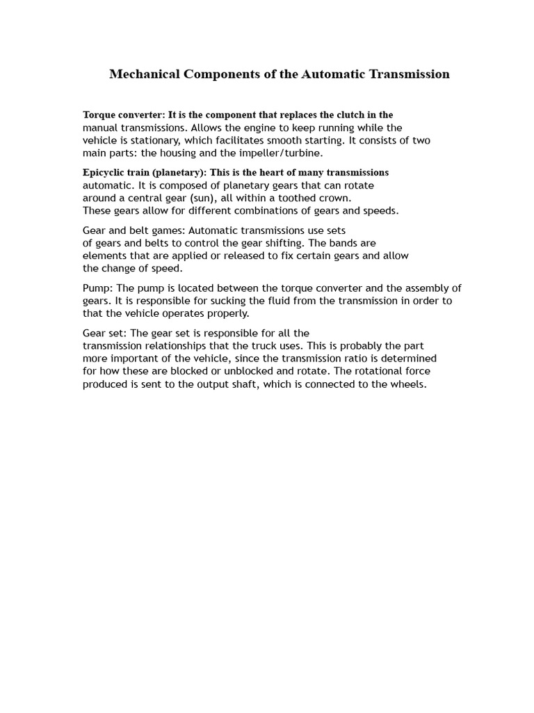 Mechanical Components of The Automatic Transmission | PDF