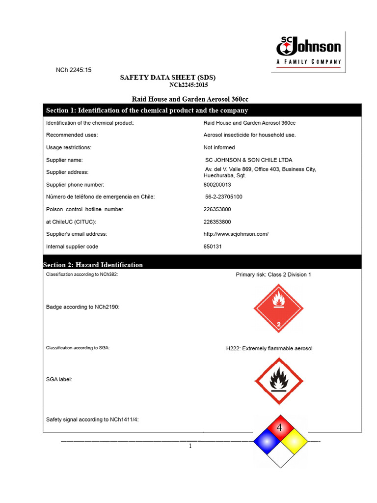 Raid House & Garden Aerosol SDS | PDF | Dangerous Goods | Toxicity