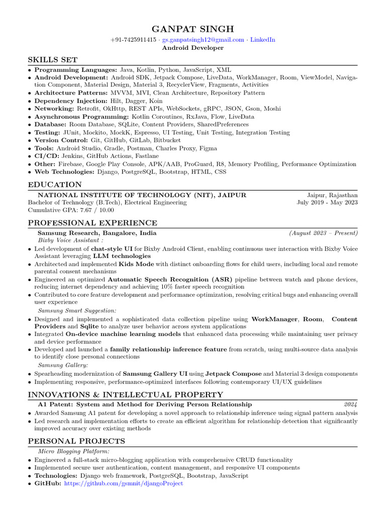 Google Shortlisted Resume Template | PDF | Android (Operating System) | Software Development