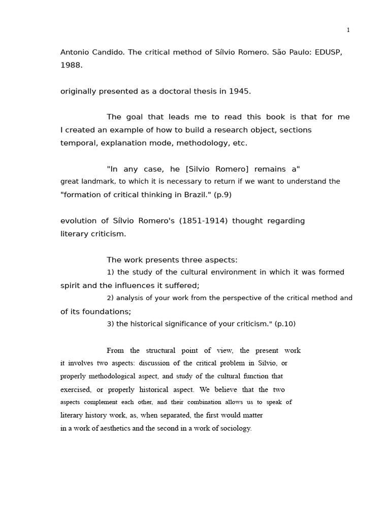 The Critical Method of Silvio Romero - Antonio Candido | PDF | Thought ...
