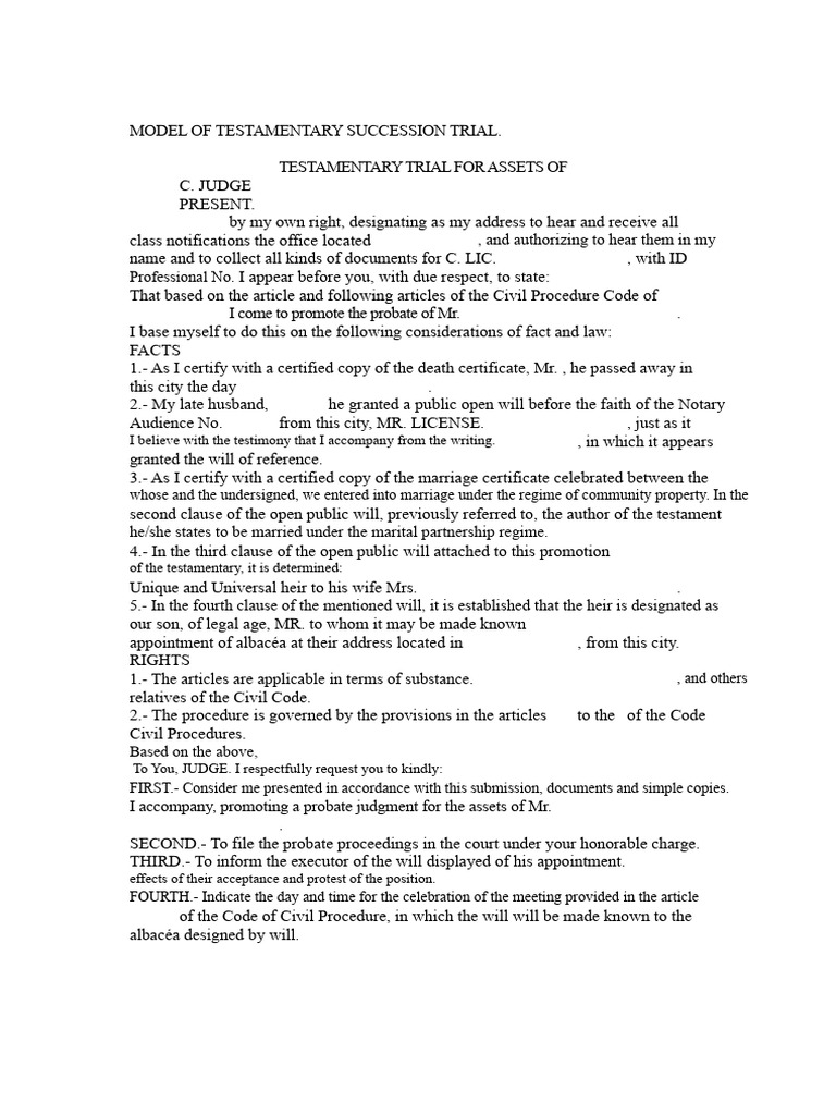 Model of Testamentary Succession Trial | PDF | Probate | Will And Testament