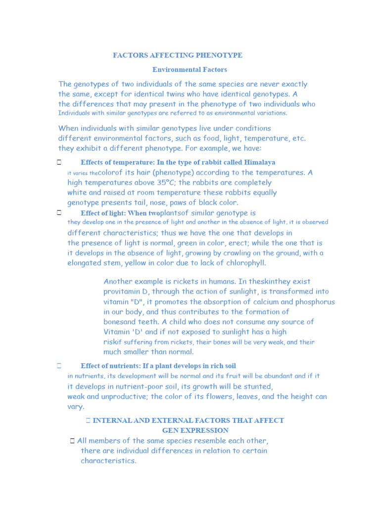Environmental Factors Affecting Phenotype | PDF | Genetics | Natural ...