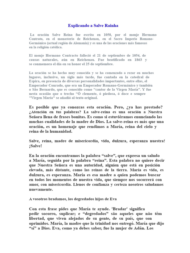 Oración Salve Reina: Historia y Significado | PDF | María, madre de ...