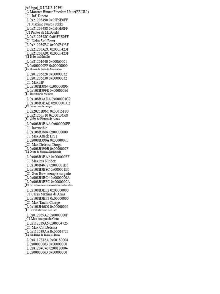 Cheats para Monster Hunter Freedom Unite | PDF | Videojuegos