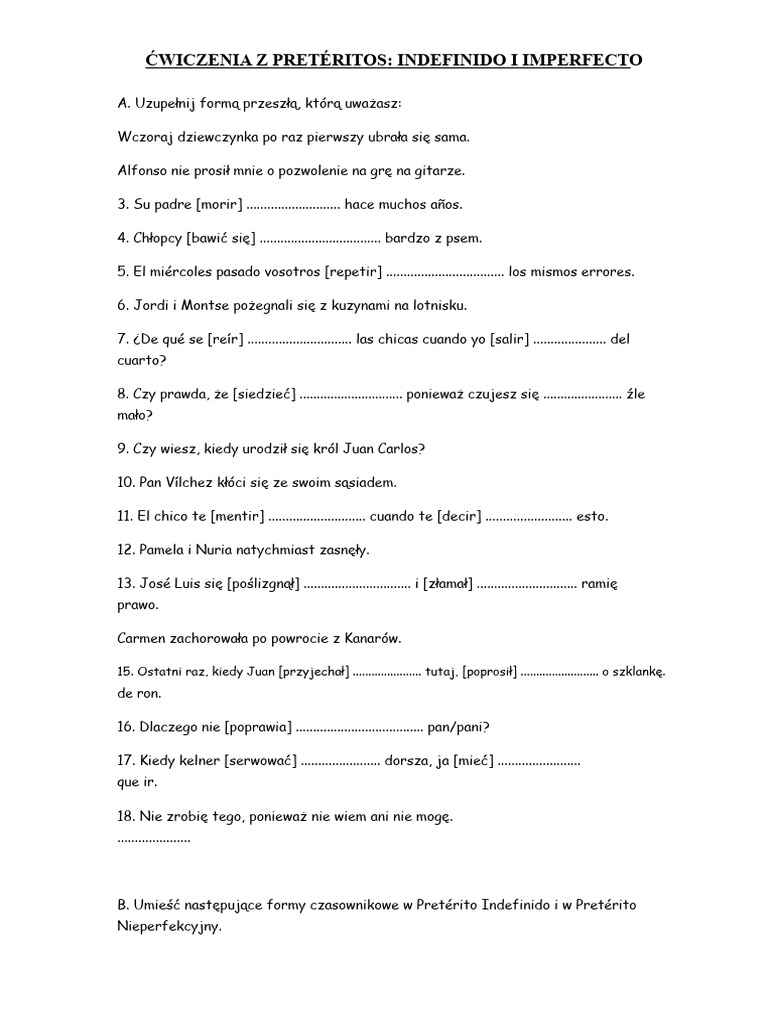 Ćwiczenia Z Czasu Przeszłego Prostego I Niedokonanych | PDF