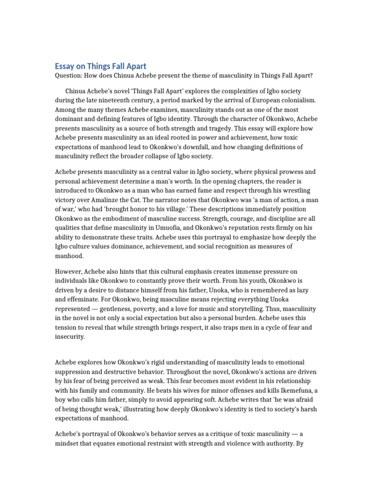 Things Fall Apart Essay Masculinity | PDF | Masculinity | Social Psychology