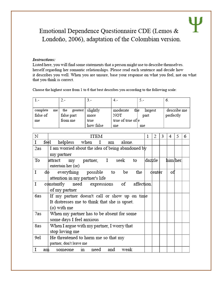 Emotional Dependence Questionnaire Overview | PDF | Anxiety | Mental ...