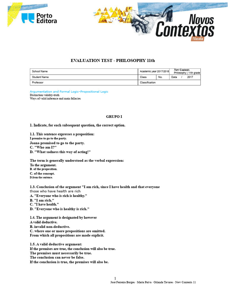 TEST Philosophy 11th - Propositional Logic 2 | PDF | Logic | Argument