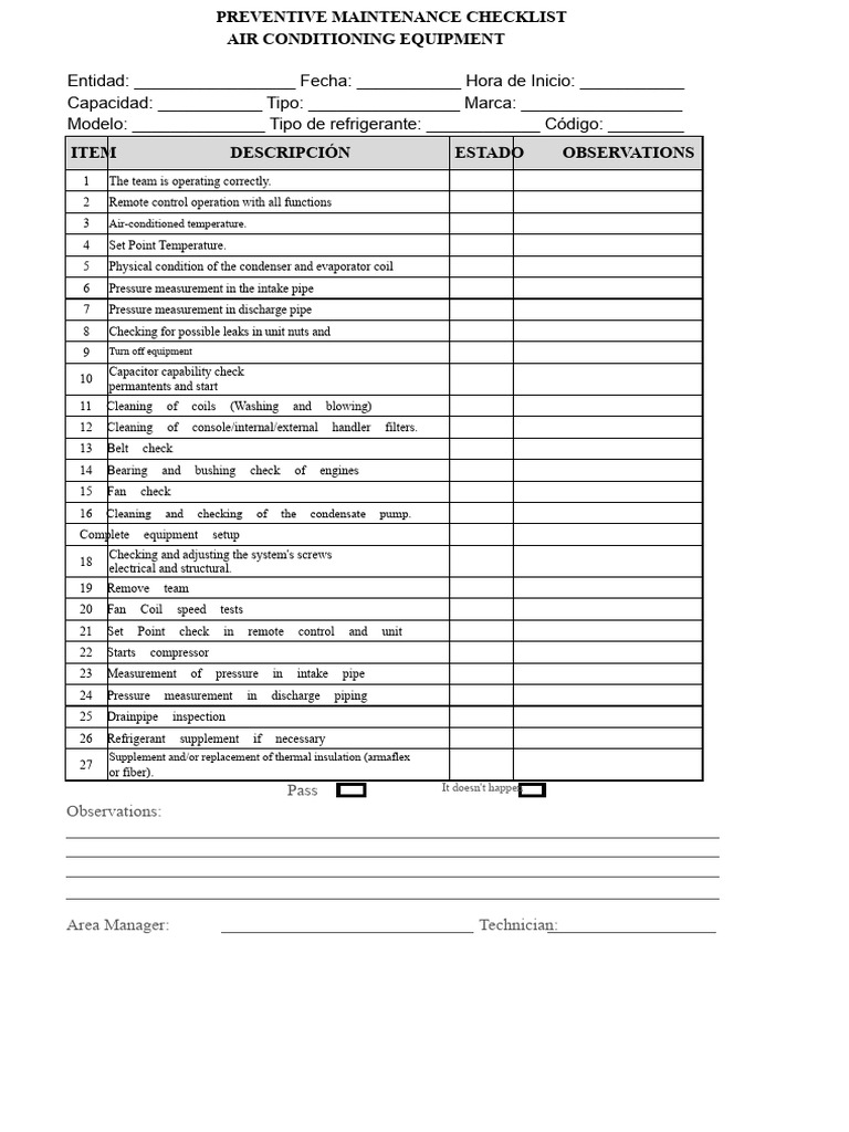 Air Conditioning Maintenance Checklist | PDF