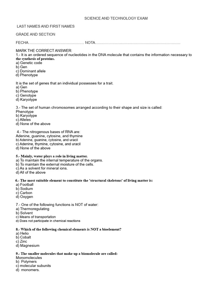 Science and Technology Exam Questions | PDF | Biomolecules | Genetics