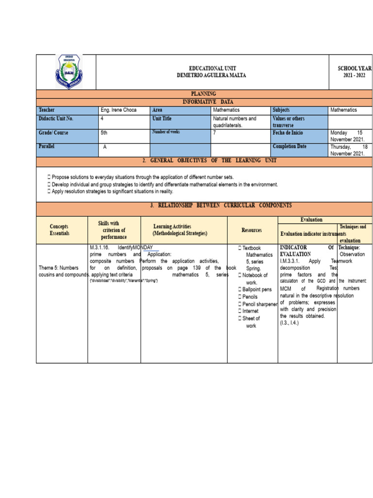 Mathematics Planning 5th Grade From November 15 To 19, 2021 | PDF ...