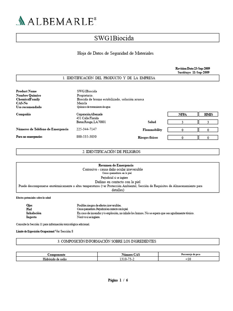 Hoja de Seguridad SWG1 Biocida | PDF | Corrosión | Quemar