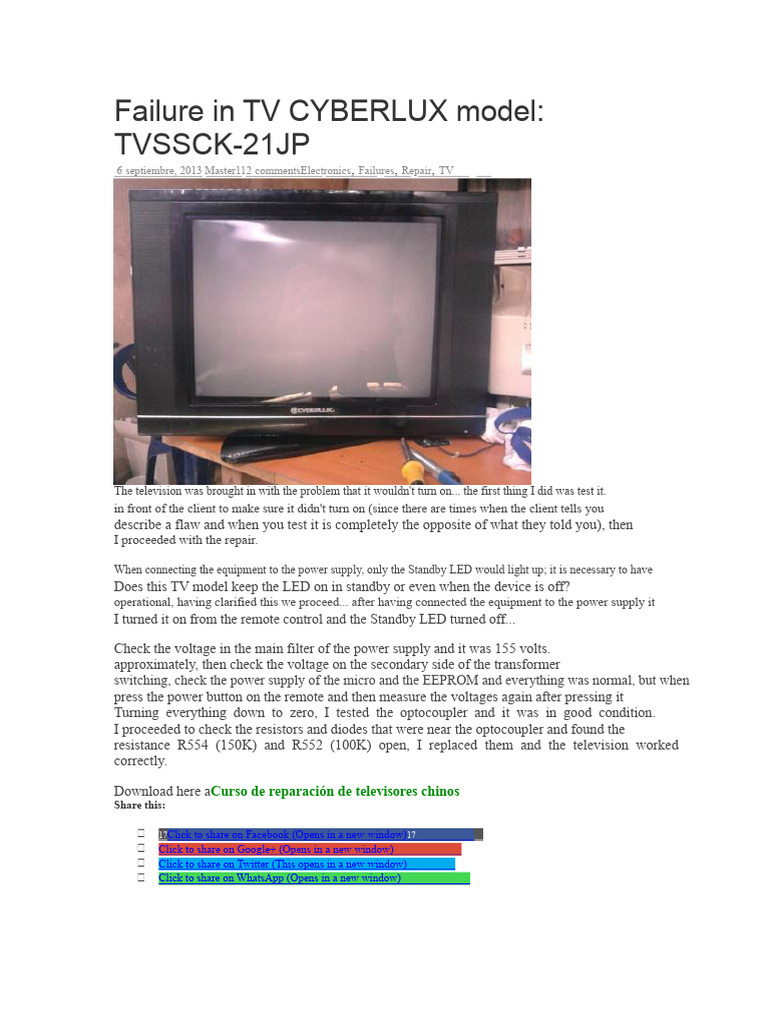 Failure in CYBERLUX Model Television | PDF | Power Supply | Electronic ...