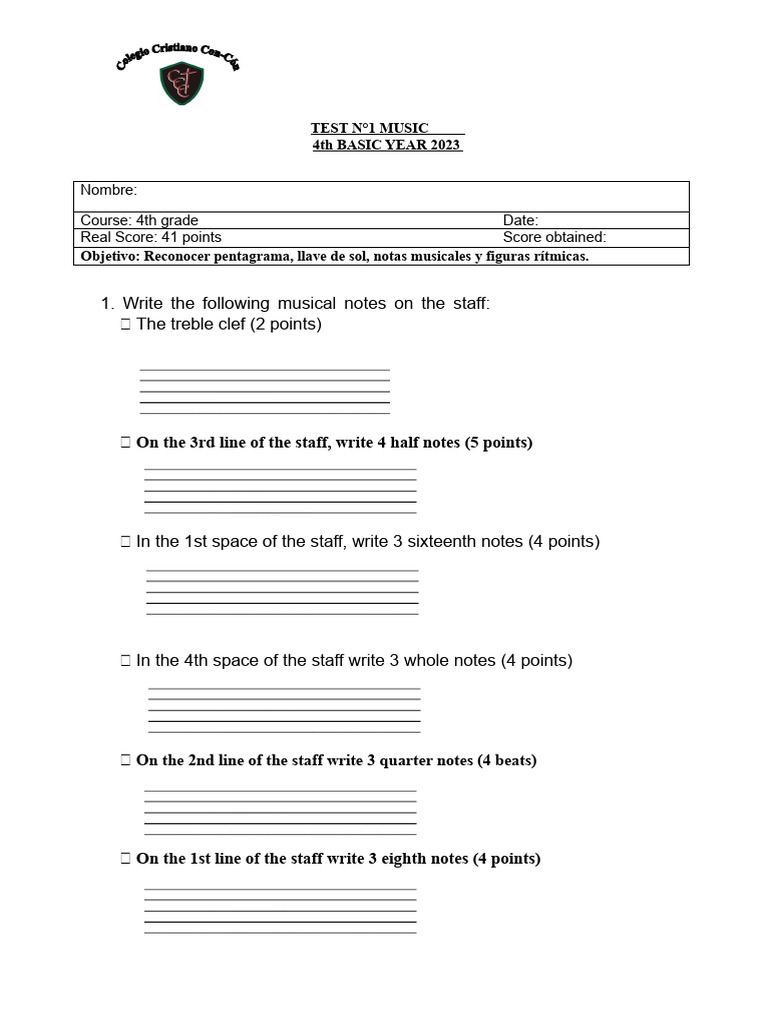 Test No. 1 Music 4th B | PDF