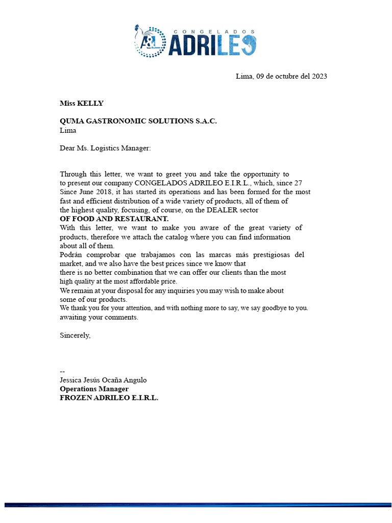 Cover Letter - Meat Supplier | PDF