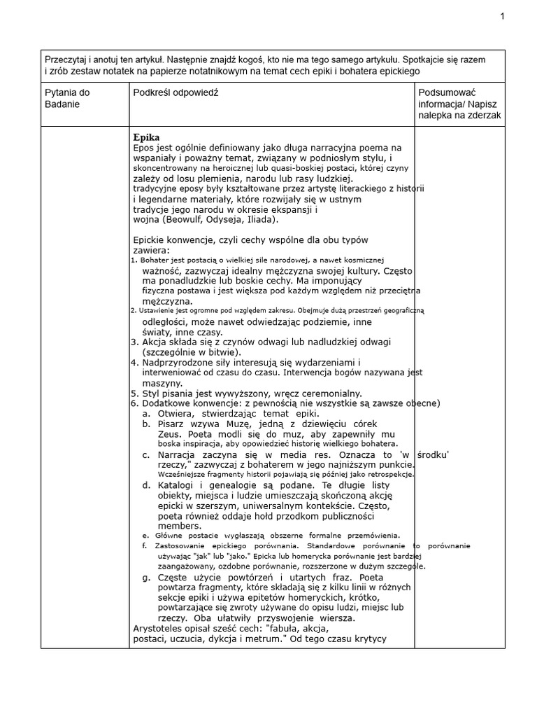 Epos I Cechy Bohatera Epickiego 1 | PDF