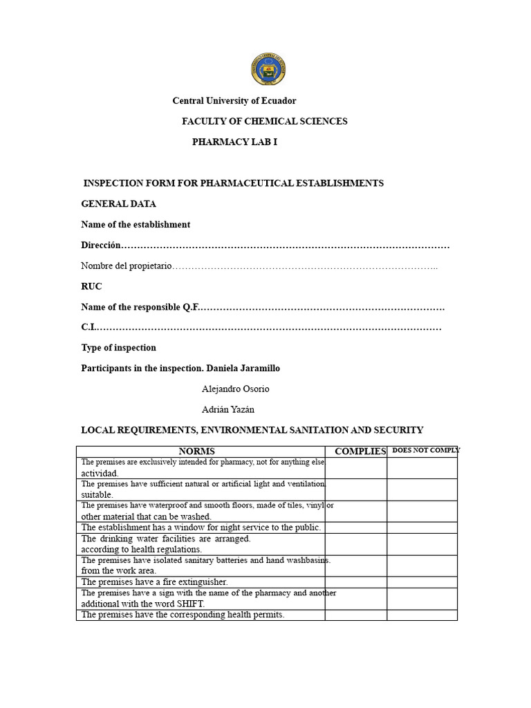PHARMACEUTICAL ESTABLISHMENT INSPECTION FORM | PDF | Pharmacy | Health Sciences