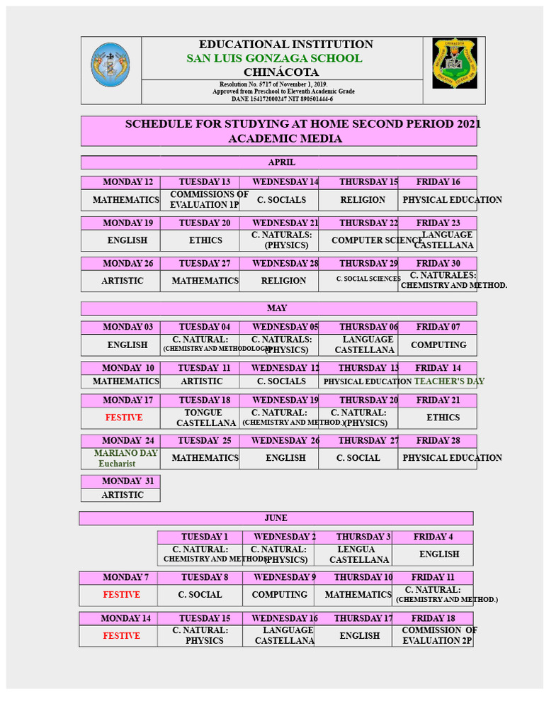 Schedule For Studying at Home Second Period 2021 Academic Medium | PDF ...